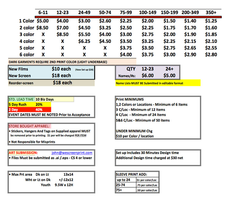 Screen Print Pricing East Central Screen Printing